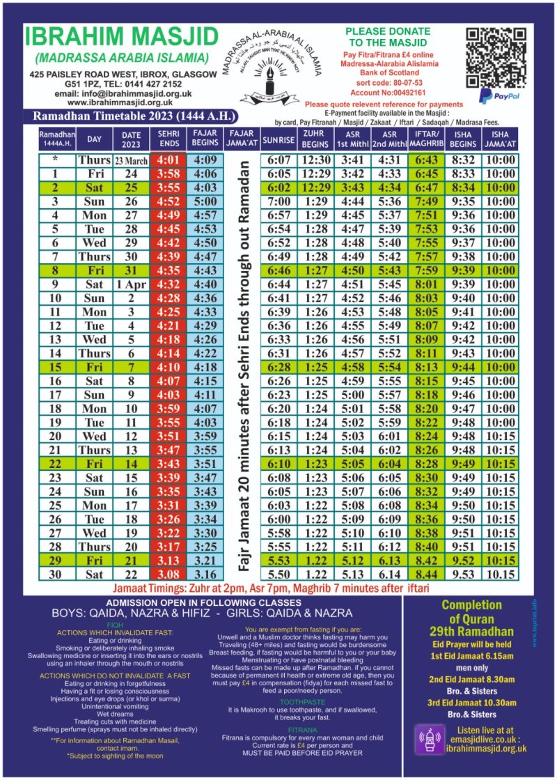 Ramadhan Time Table 2023/1444 – Ibrahim Masjid Glasgow