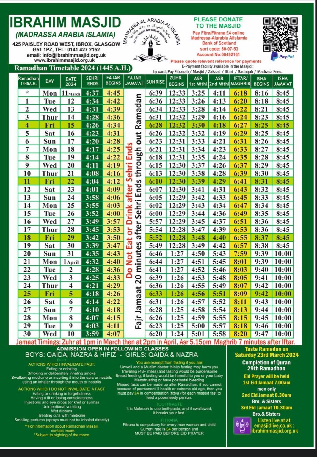 Ramadhan Time Table – Ibrahim Masjid Glasgow